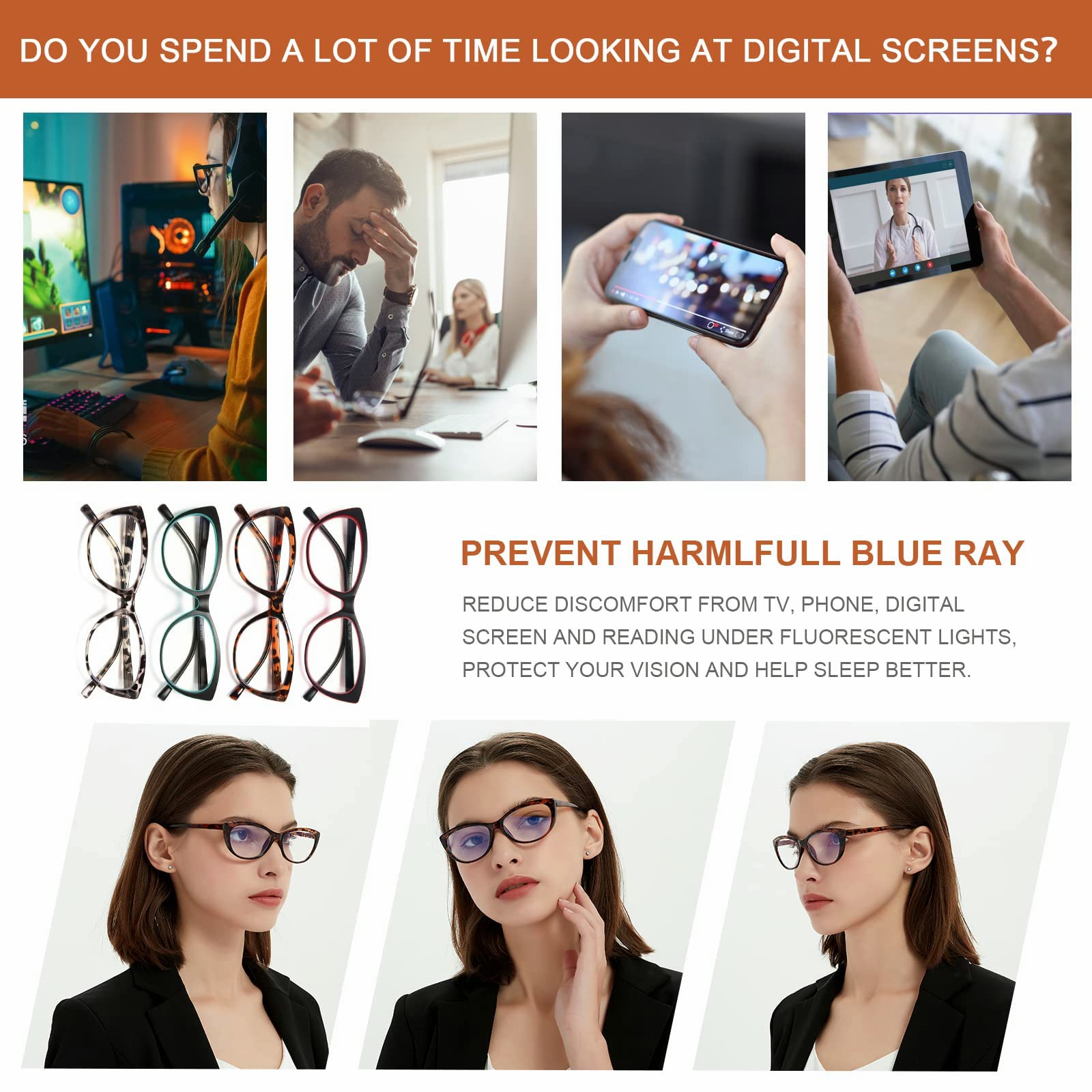 EYEURL 4 Pack Cat Eye Reading Glasses for Women, Blue Light Blocking Readers Lightweight Spring Hinge Anti Eyestrain UV Fashion Eyeglasses +2.50