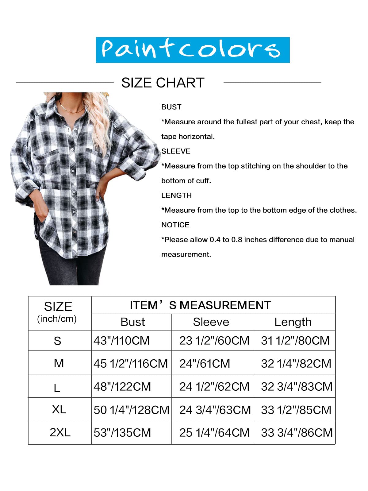 Paintcolors Women's Plaid Button Down Shirts Long Sleeve Blouses Flannel Oversized Tunic Tops with Pockets - Black-White XL