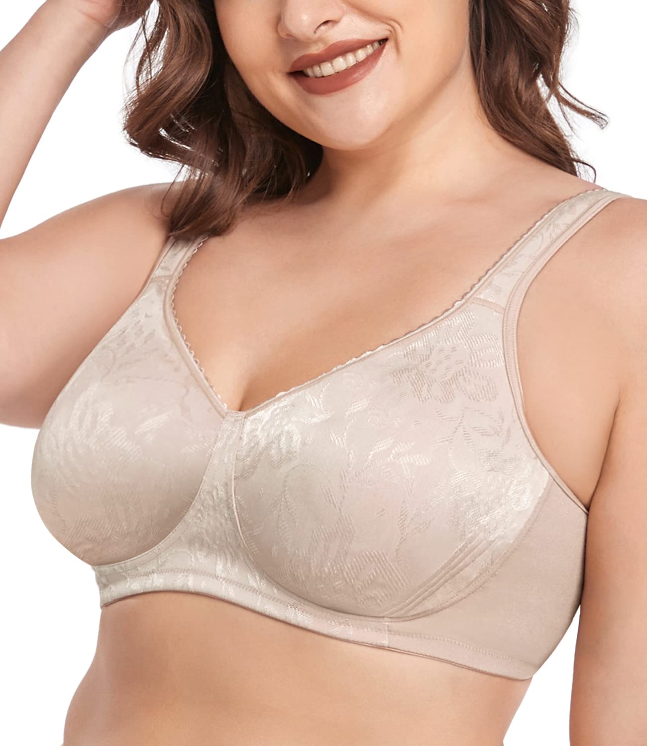 wirarpa Women's Bras Comfortable Ultimate Soft Wireless Full Coverage Floral Jacquard Non-Padded Plus Size Bra Beige 42D