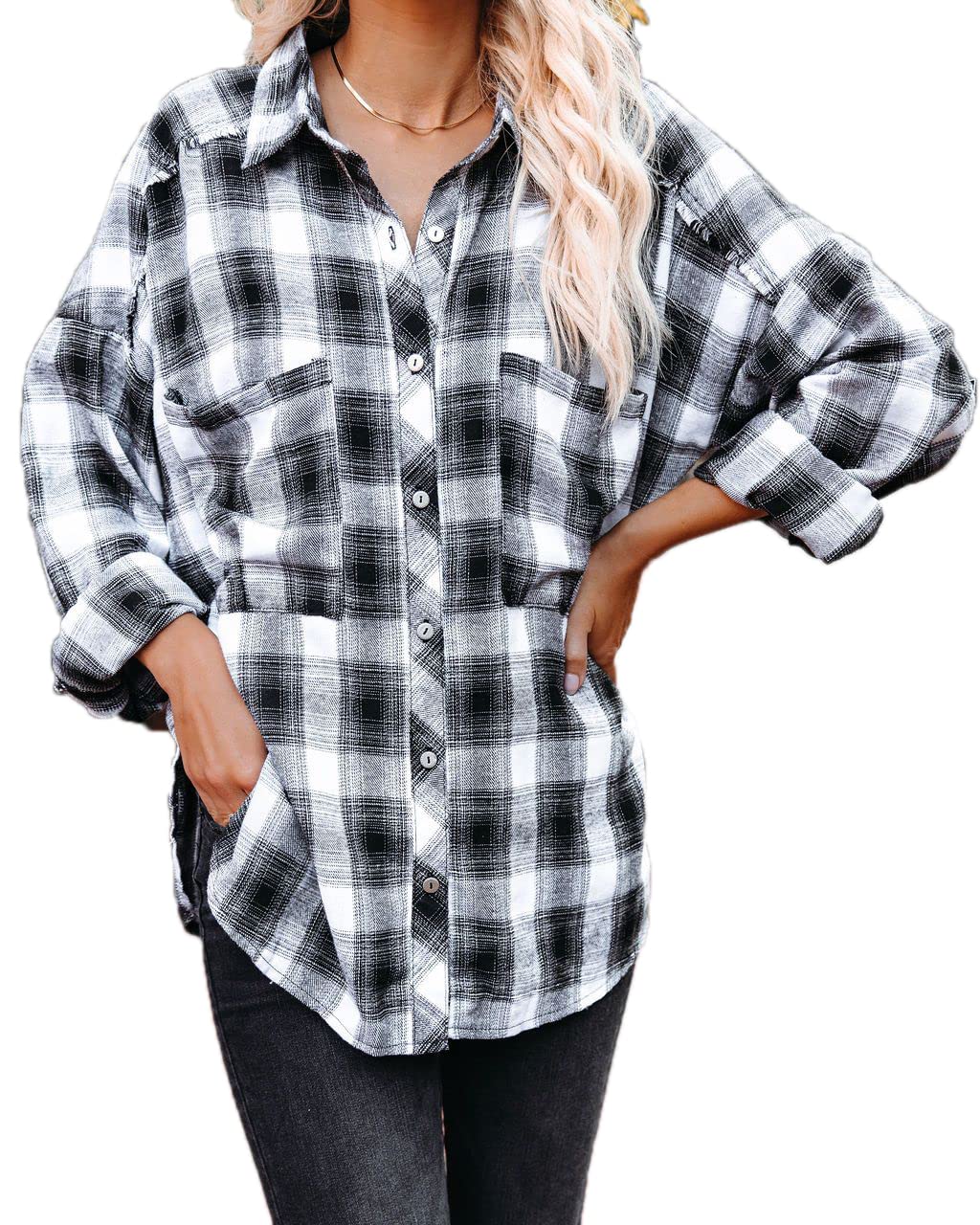 Paintcolors Women's Plaid Button Down Shirts Long Sleeve Blouses Flannel Oversized Tunic Tops with Pockets - Black-White XL