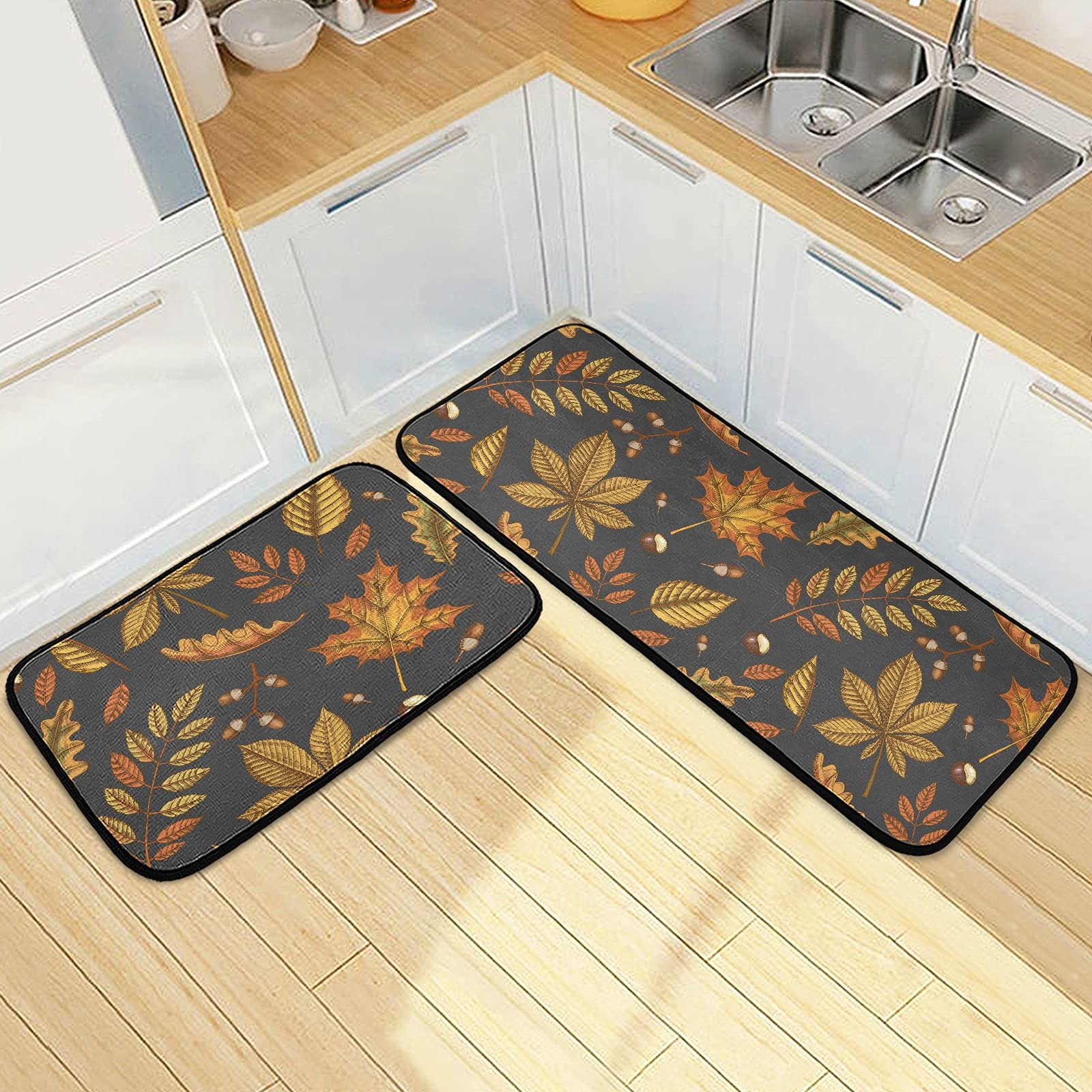 Emelivor Autumn Fall Kitchen Mat Set of 2 Anti-Fatigue Kitchen Rug Set Non Slip Cushioned Heavy Duty Memory Foam Kitchen Rugs and Mats Comfort Mat for Farmhouse Doormat Laundry