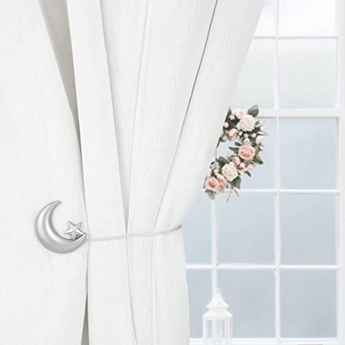 canjuxk 2 Pack Curtain Tiebacks,Magnetic Curtain Tiebacks,Star Moon Curtain Decorative Weave Rope Curtain Holdbacks Holder for Window Decor, Curtain Clips Rope Straps Magnet for Home Office (Silver)