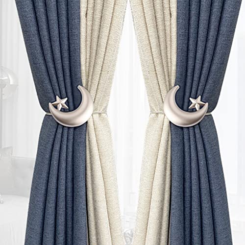 canjuxk 2 Pack Curtain Tiebacks,Magnetic Curtain Tiebacks,Star Moon Curtain Decorative Weave Rope Curtain Holdbacks Holder for Window Decor, Curtain Clips Rope Straps Magnet for Home Office (Silver)