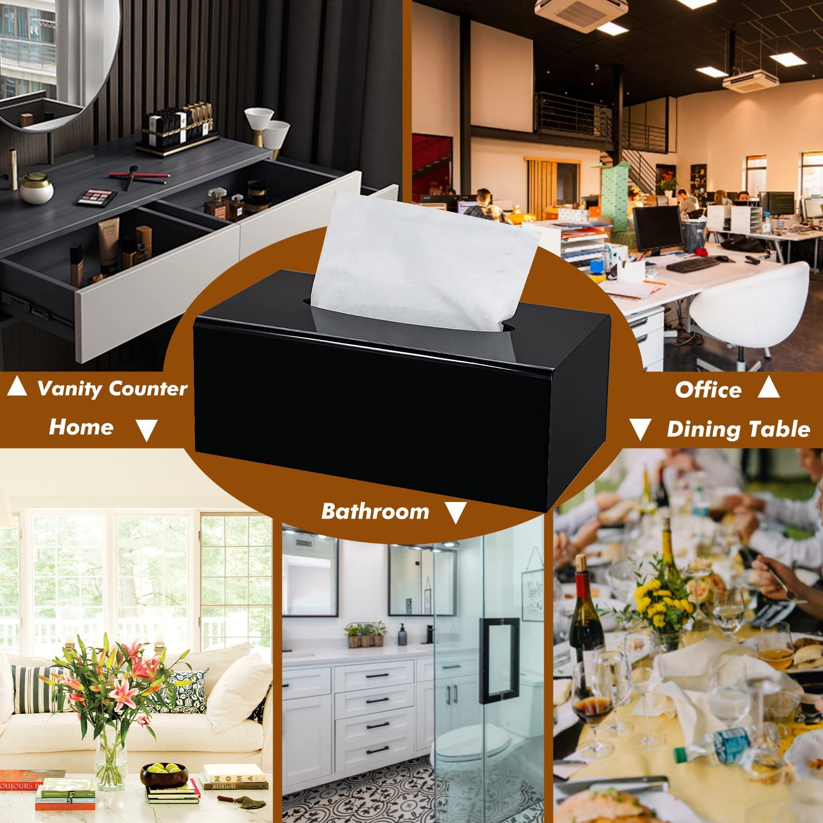 Kamehame Tissue Box Cover Rectangle Acrylic Tissue Holder 10.2x5.5x3.9 Inch Black Dryer Sheet Holder Container Tissue Dispenser for Home Bathroom Kitchen and Office