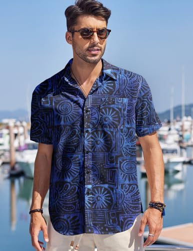 COOFANDY Men's Hawaiian Shirts Casual Short Sleeve Button Down Tropical Beach Shirt Whith Pocket Blue