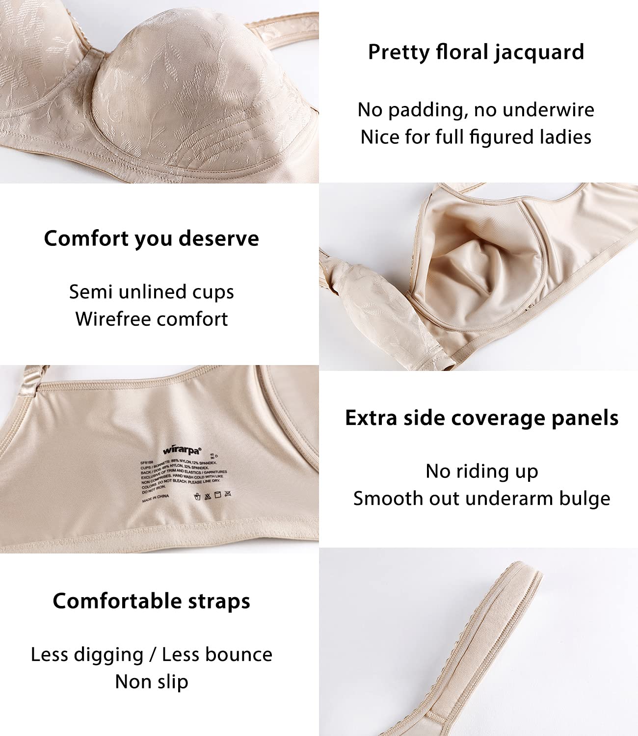 wirarpa Women's Bras Comfortable Ultimate Soft Wireless Full Coverage Floral Jacquard Non-Padded Plus Size Bra Beige 42D