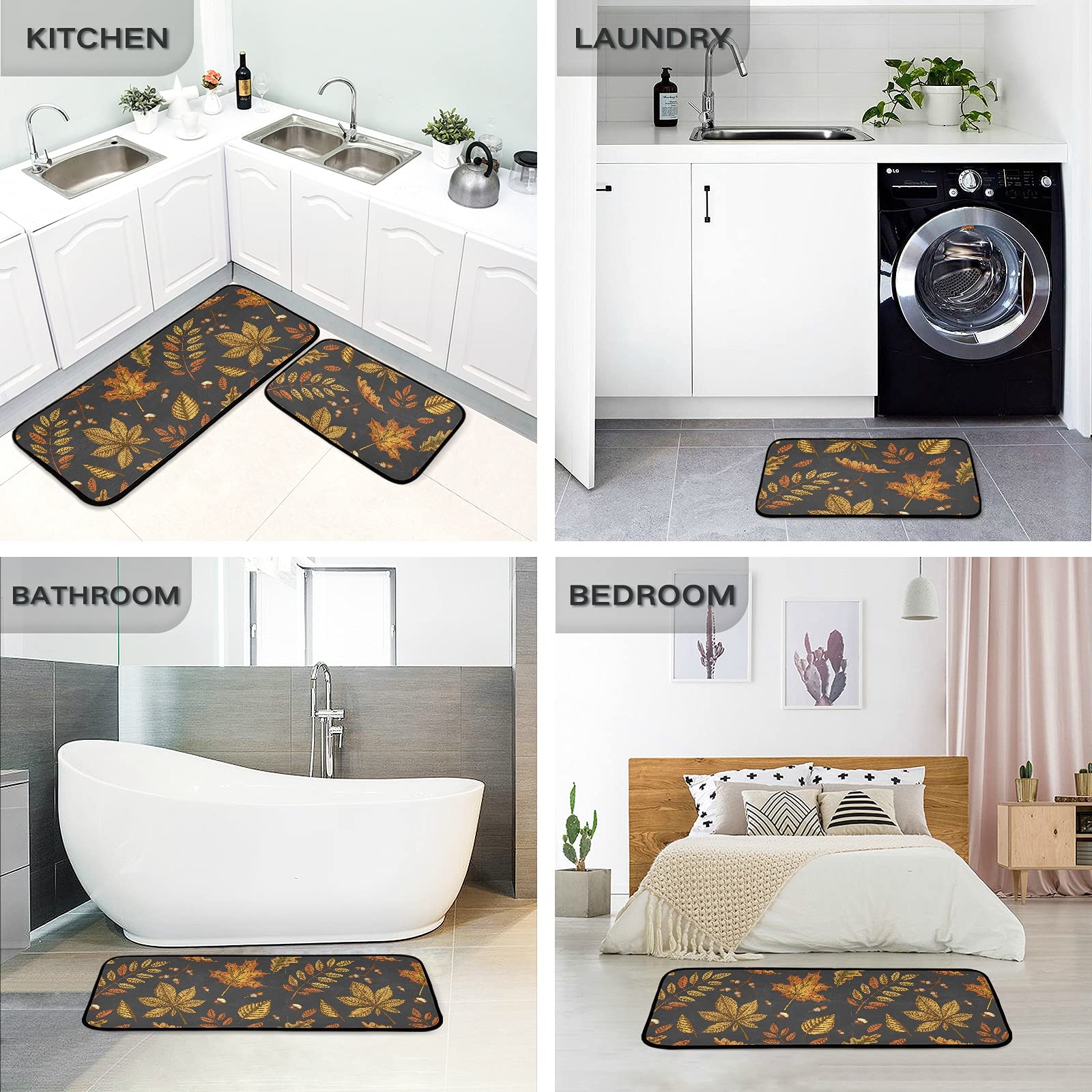 Emelivor Autumn Fall Kitchen Mat Set of 2 Anti-Fatigue Kitchen Rug Set Non Slip Cushioned Heavy Duty Memory Foam Kitchen Rugs and Mats Comfort Mat for Farmhouse Doormat Laundry