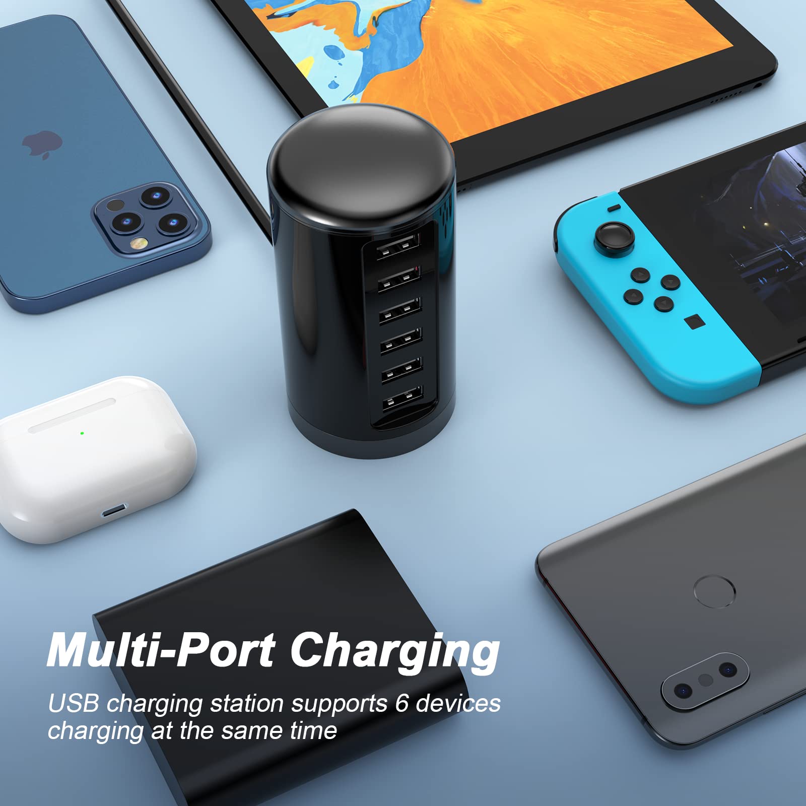 Desktop USB Charging Station, Universal 6 Ports USB Charger with Smart Identification Technology for iPhone, iPad, Android and All Other USB Enabled Devices, Black