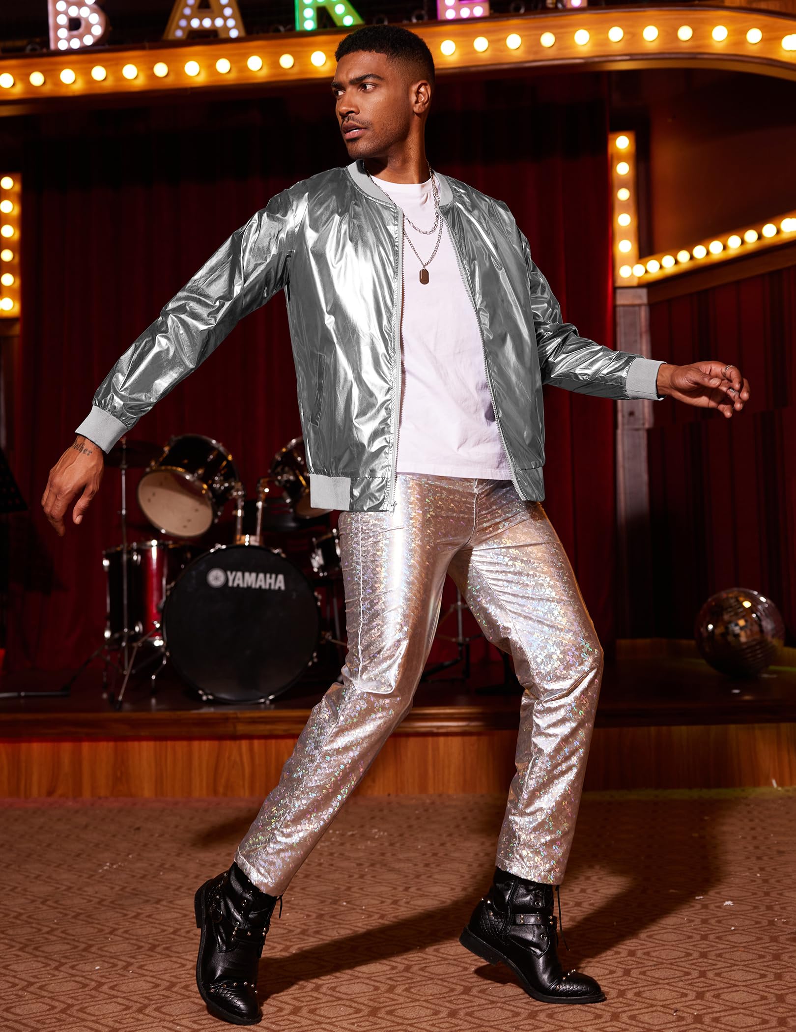 COOFANDY Mens Coat Metallic 70s Disco Party Varsity Jacket Button Zip-up Baseball Bomber