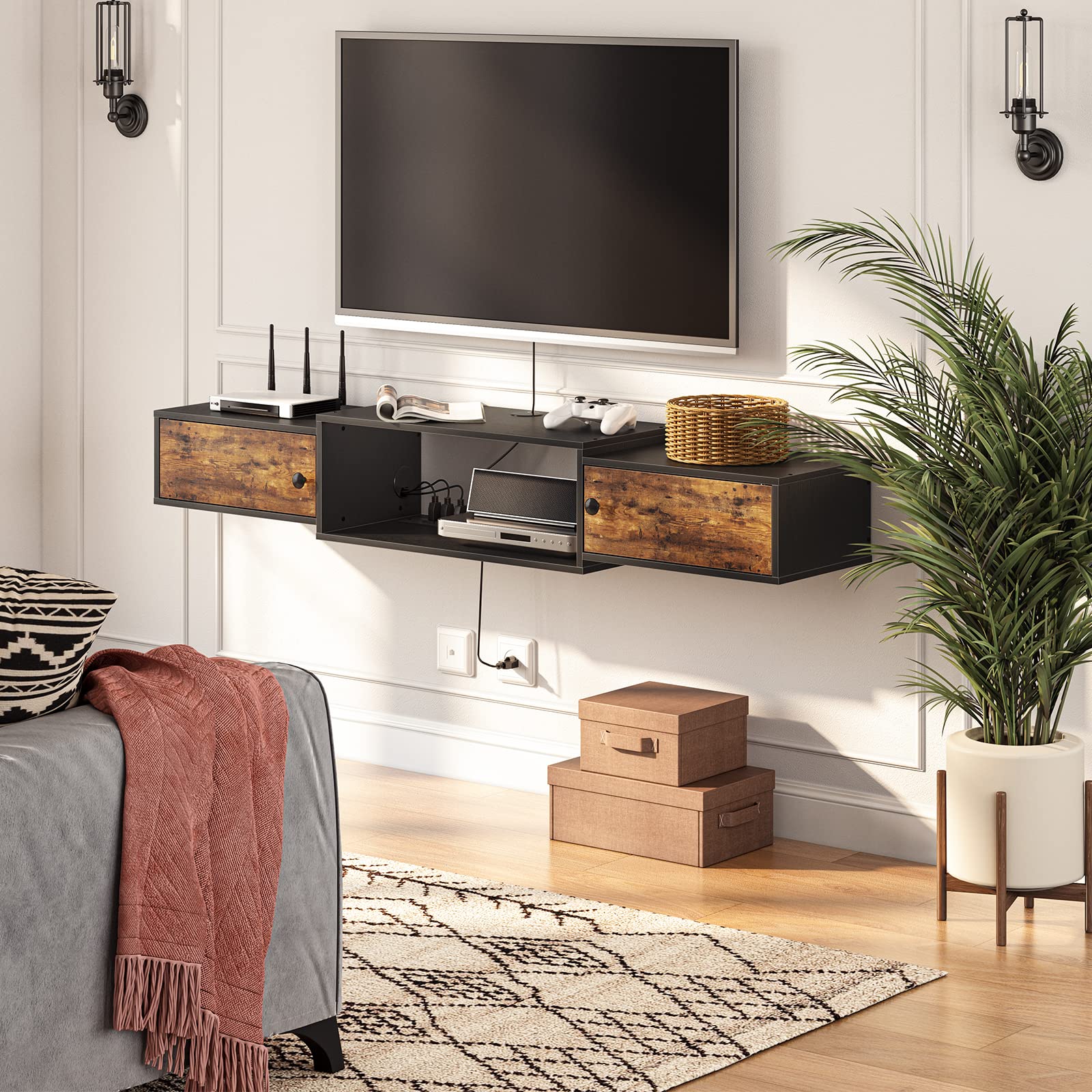 HOOBRO Floating TV Stand with Power Outlet 55", Modern Wall Mounted Media Console Shelf Cabinet for Under TV Storage, Entertainment Center, Living Room, Bedroom, Rustic Brown and Black BF11DS01