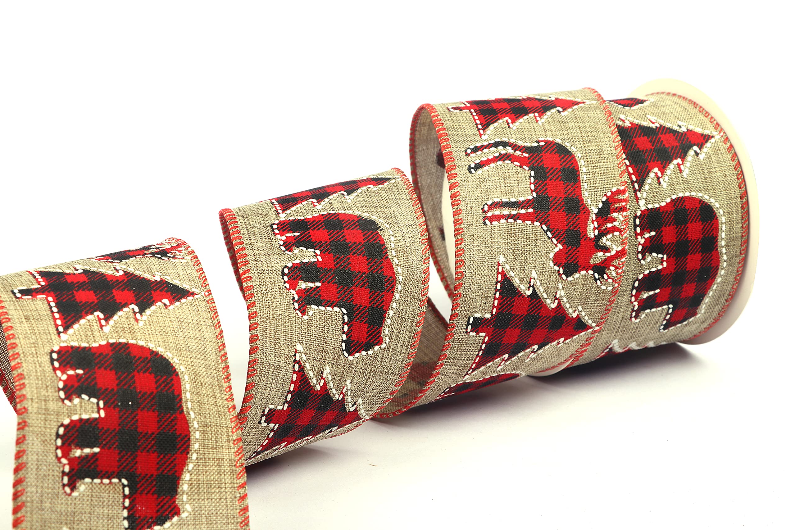 YYCRAFT 20 Yards Burlap Christmas Wired Edge Ribbons Red Plaid Reindeer Bear Trees Printed Ribbon for Christmas Home Wreath Craft Bow Wrapping Decoration