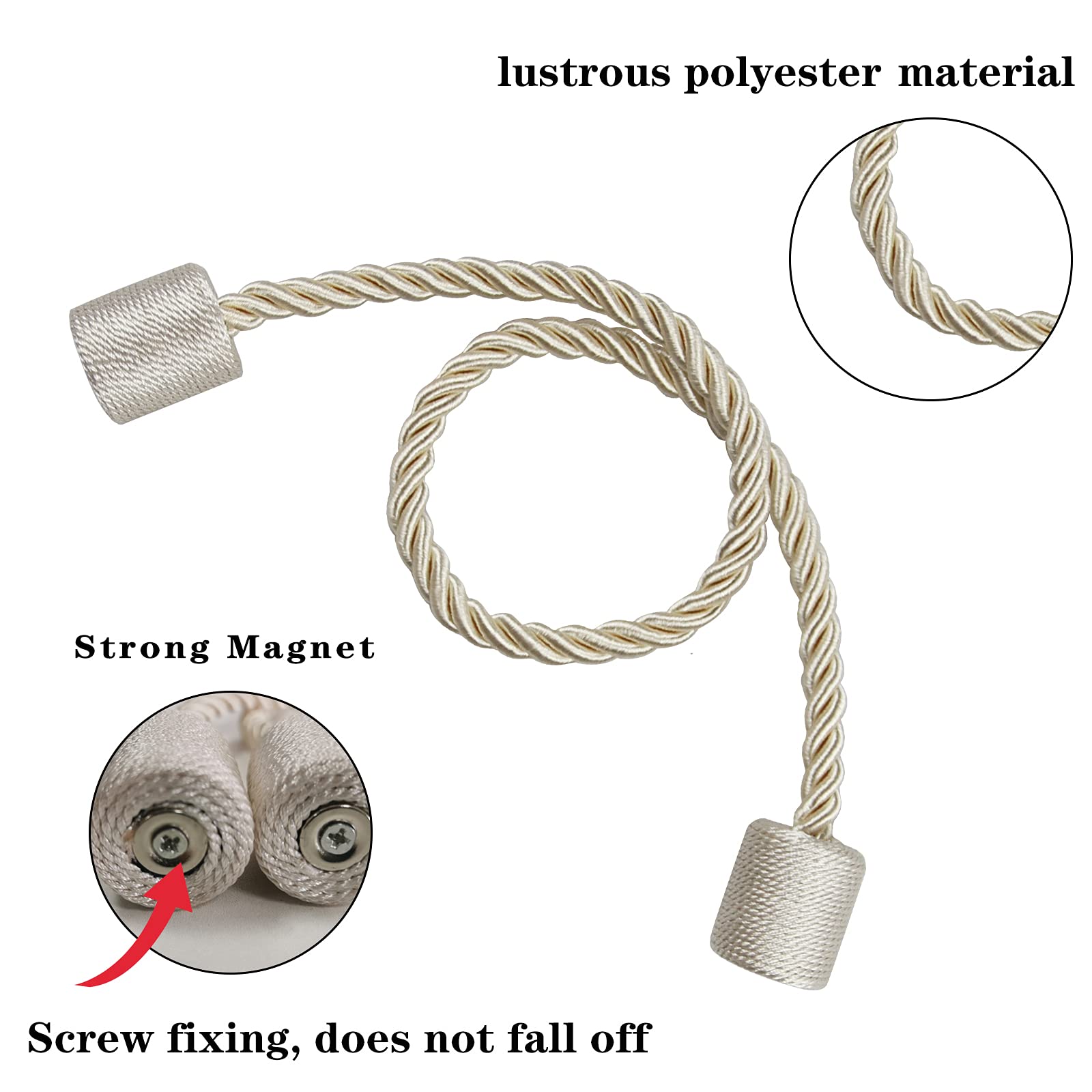 Porlau 2 Pack Beige Strong Magnetic Curtain Tiebacks Outdoor Elegant Decorative Tie Backs Modern Rope Tiebacks for Drapes Window Curtain Holdbacks for Draperies