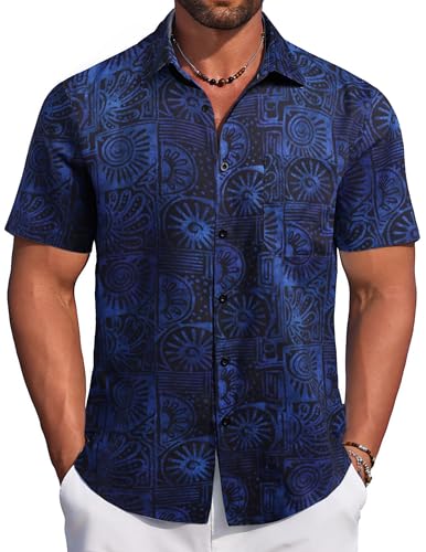 COOFANDY Men's Hawaiian Shirts Casual Short Sleeve Button Down Tropical Beach Shirt Whith Pocket Blue