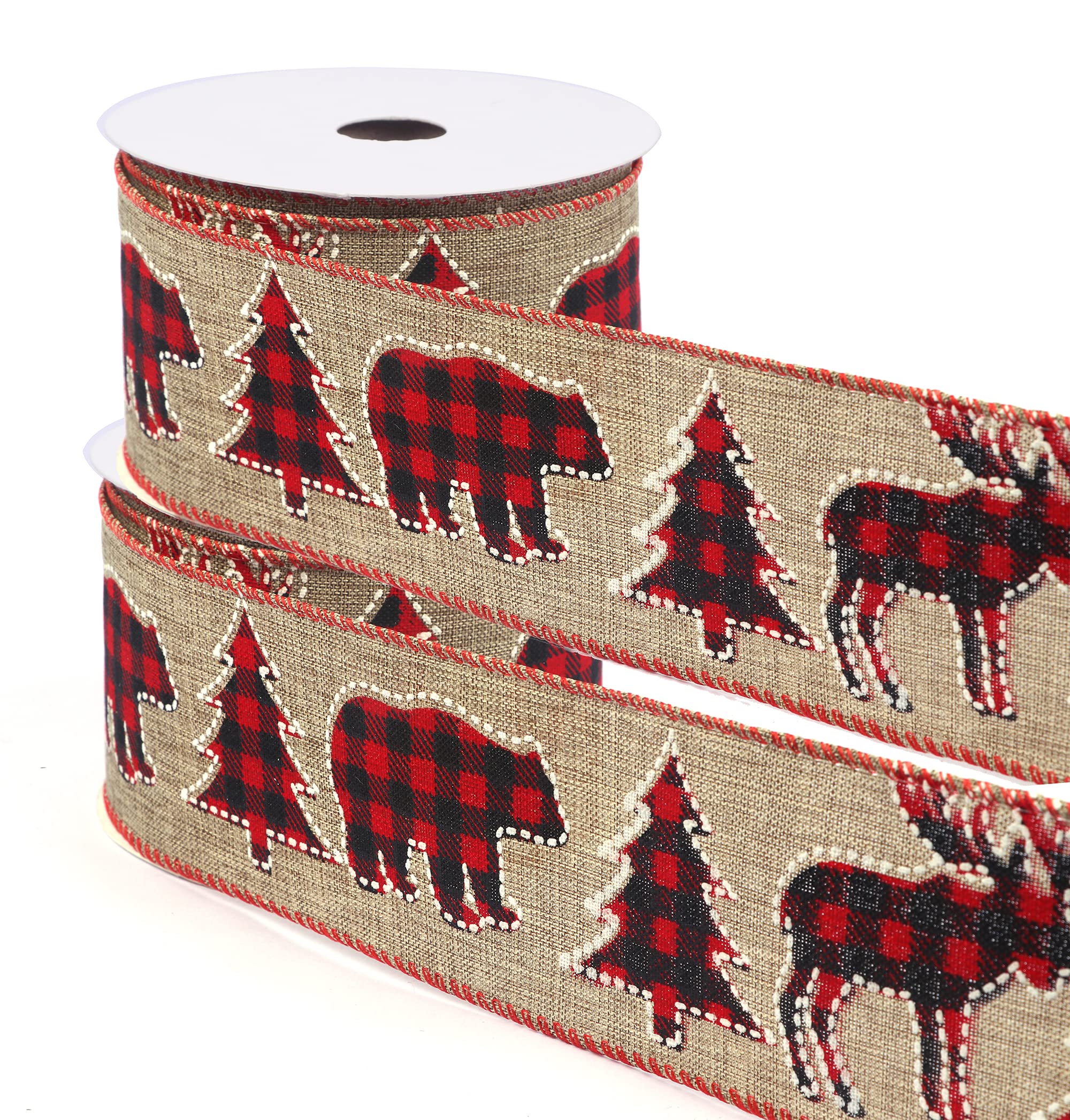 YYCRAFT 20 Yards Burlap Christmas Wired Edge Ribbons Red Plaid Reindeer Bear Trees Printed Ribbon for Christmas Home Wreath Craft Bow Wrapping Decoration