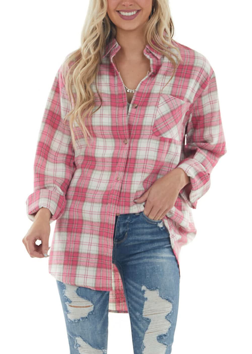 Jug&Po Womens Casual Cuffed 3 4 Long Sleeve Plaid Button Down Shirts Blouse Tops (Small, Bright Pink)