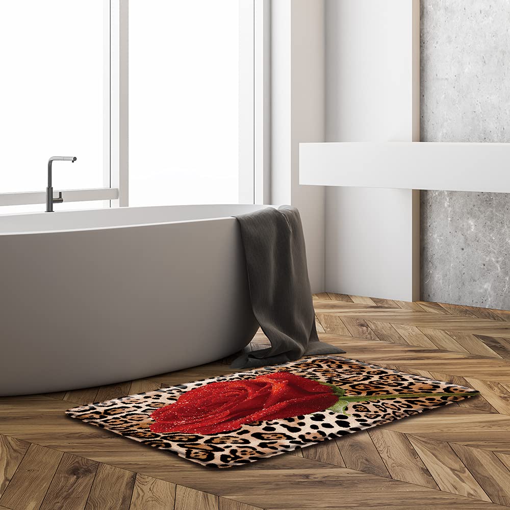 YSATNSFT Leopard Flower Bath Mat Red Rose Mix Wild Animal Leopard Cheetah Print Pattern Background Romantic Creative Bathroom Bedroom Kitchen Toilet Rug Soft Memory Foam Backing,18x30 Inch