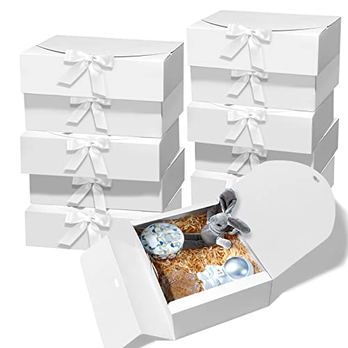 BoShahai 10 PCS Gift Boxes with Lids, 10.6x7.8x3.1 Inch Kraft Paper Gift Box, White Gift Boxes with Ribbon, Bridesmaid Proposal Box for Wedding, Packaging, Present, Birthday, Cupcake Boxes