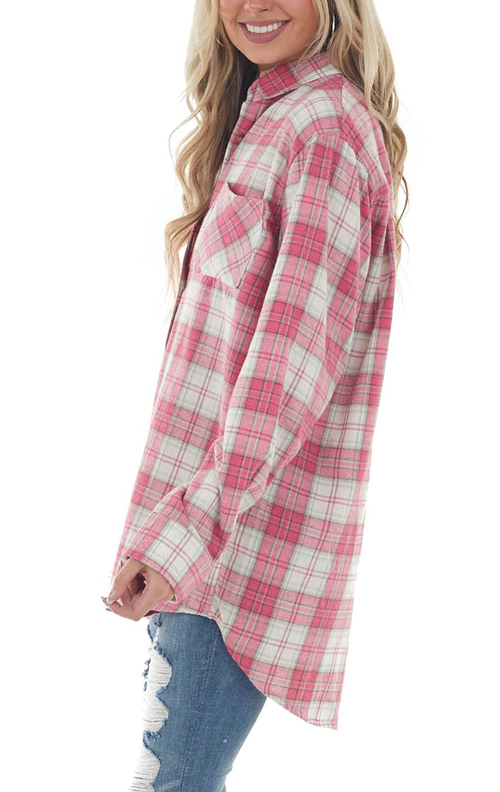 Jug&Po Womens Casual Cuffed 3 4 Long Sleeve Plaid Button Down Shirts Blouse Tops (Small, Bright Pink)