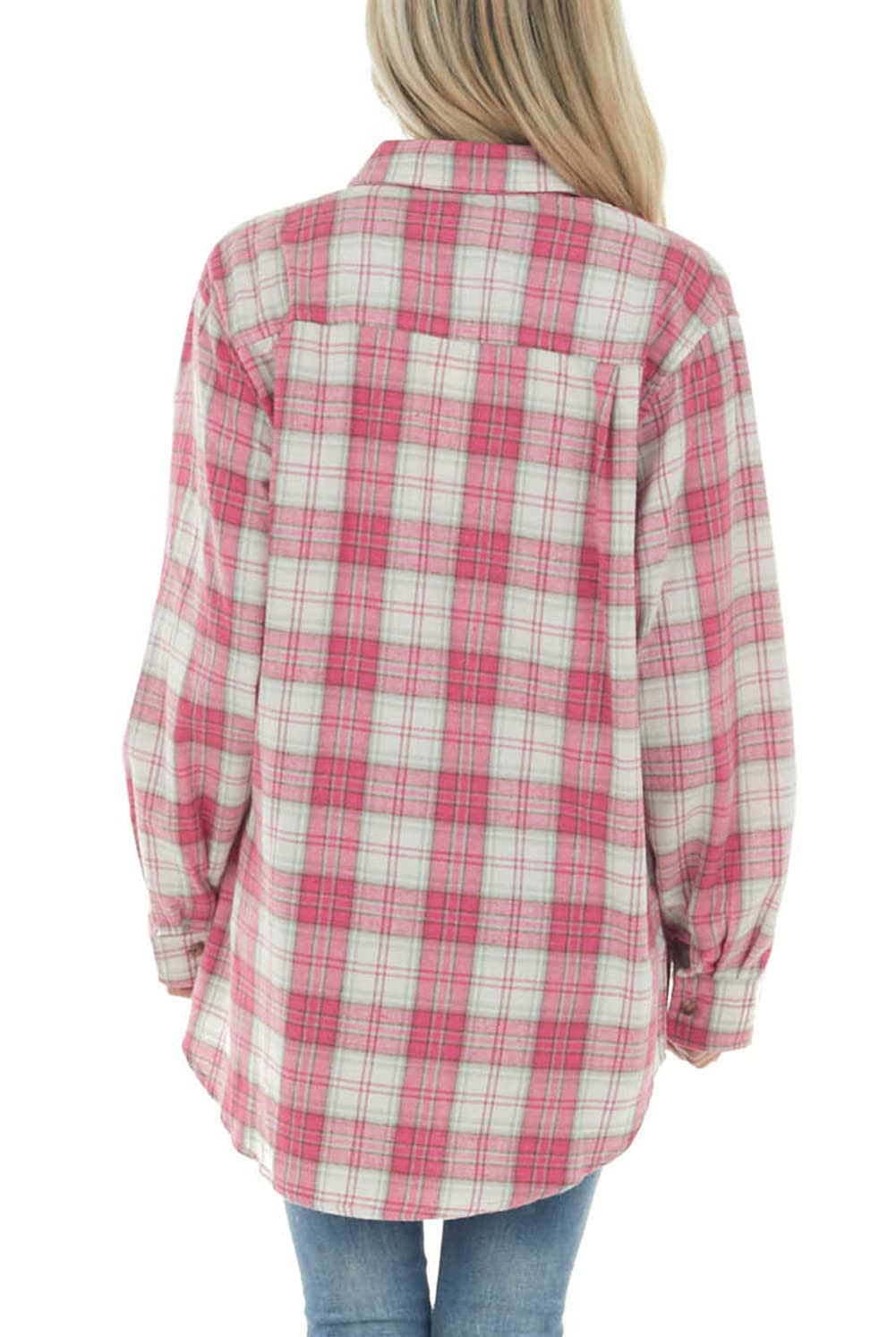 Jug&Po Womens Casual Cuffed 3 4 Long Sleeve Plaid Button Down Shirts Blouse Tops (Small, Bright Pink)
