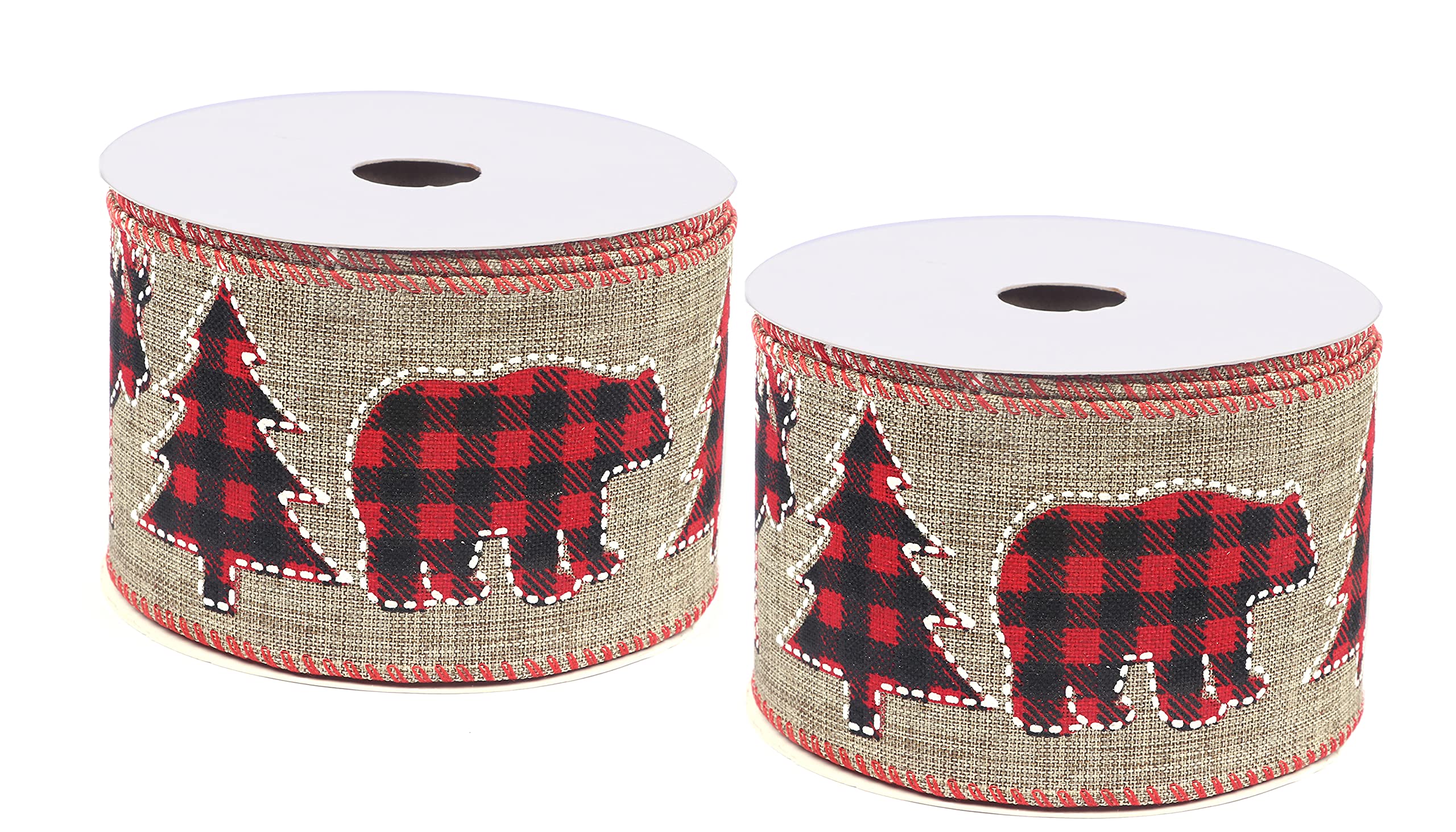 YYCRAFT 20 Yards Burlap Christmas Wired Edge Ribbons Red Plaid Reindeer Bear Trees Printed Ribbon for Christmas Home Wreath Craft Bow Wrapping Decoration