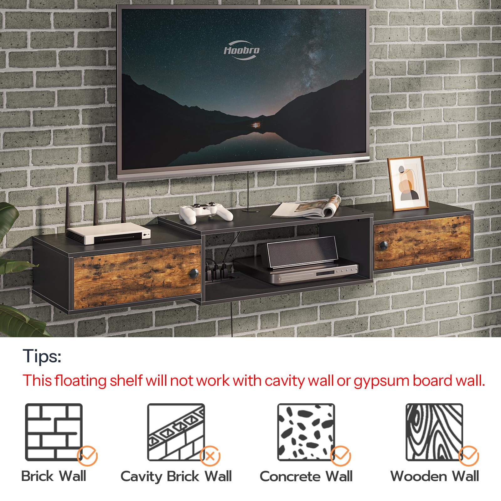 HOOBRO Floating TV Stand with Power Outlet 55", Modern Wall Mounted Media Console Shelf Cabinet for Under TV Storage, Entertainment Center, Living Room, Bedroom, Rustic Brown and Black BF11DS01