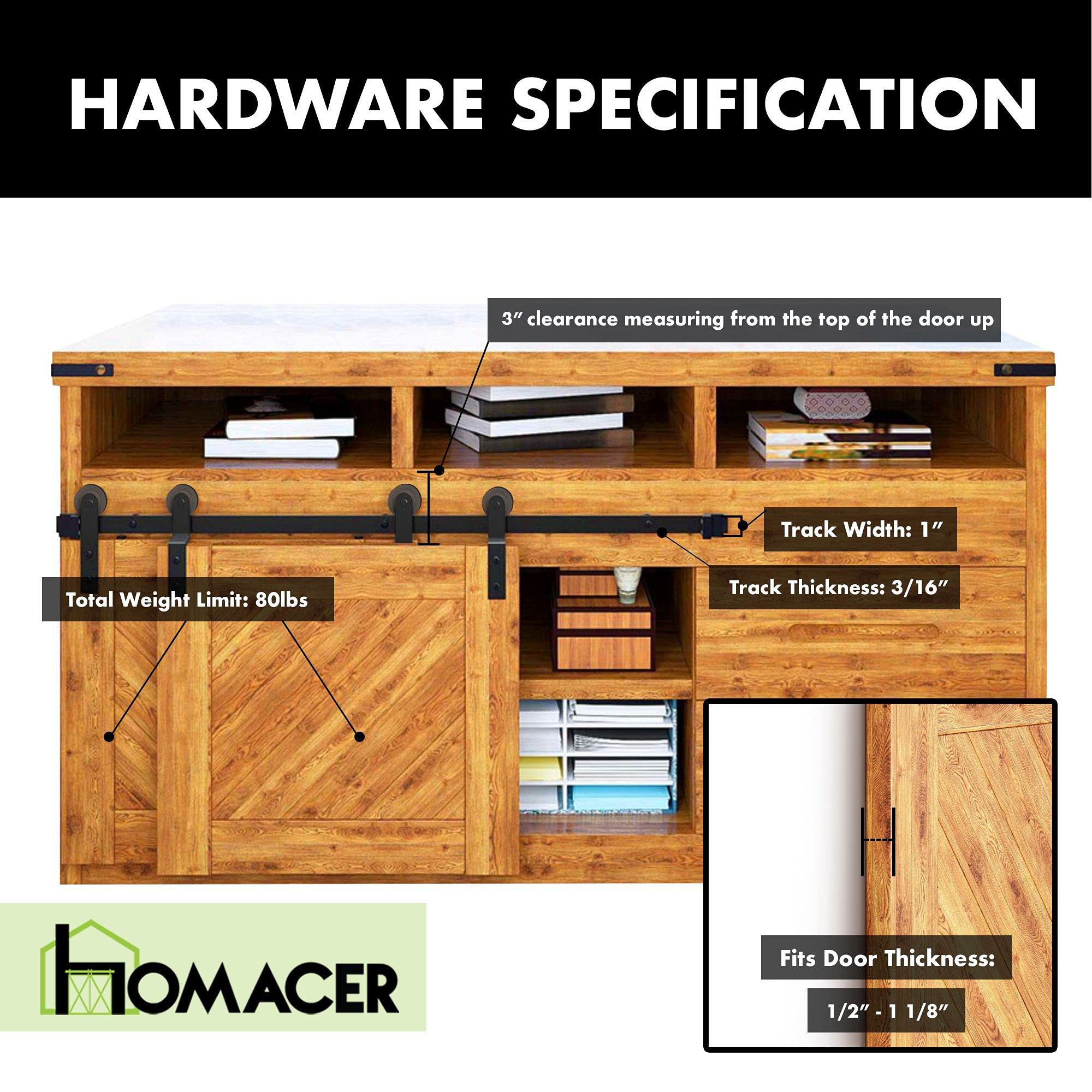 Homacer Mini Black Rustic Single Track Bypass Sliding Barn Door Hardware Kit, for Two Doors, 30-inch Long Flat Track, Straight Design Roller (One Flat +One Bent), Cabinet TV Stand Use