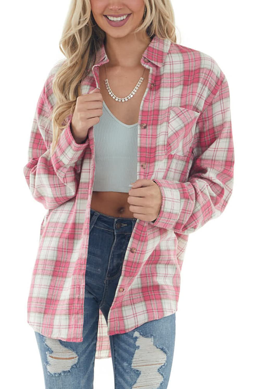 Jug&Po Womens Casual Cuffed 3 4 Long Sleeve Plaid Button Down Shirts Blouse Tops (Small, Bright Pink)