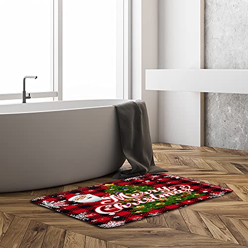 YSATNSFT Merry Christmas Bath Mat Xmas Tree Cute Santa White Snowflake Red Black Buffale Check Plaid Rustic Farmhouse Bathroom Bedroom Kitchen Toilet Rug Soft Memory Foam Backing,18x30 Inch
