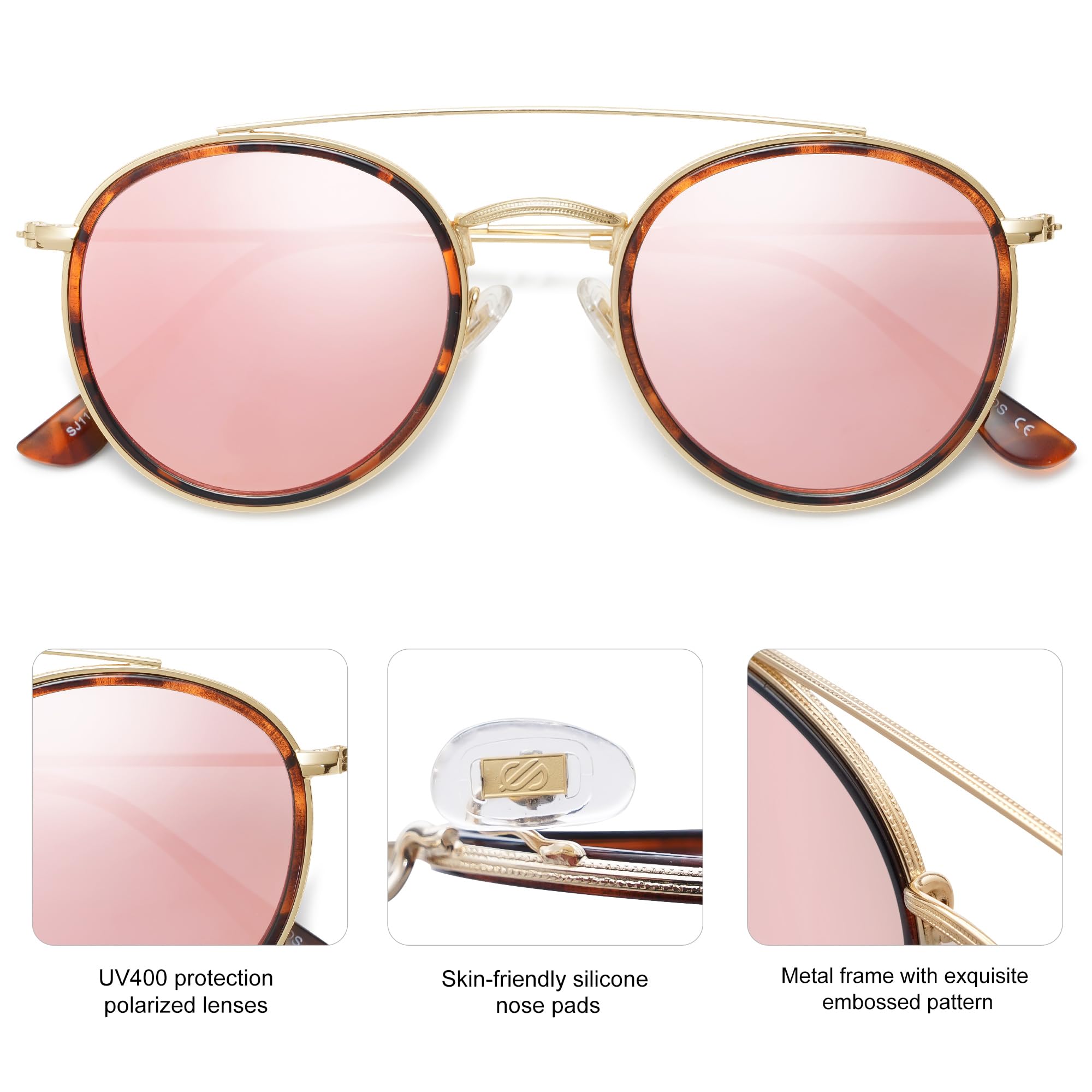 SOJOS Retro Vintage Round Polarized Sunglasses for Women Men Small Double Bridge Circle Sunnies SJ1104, Tortoise/Pink