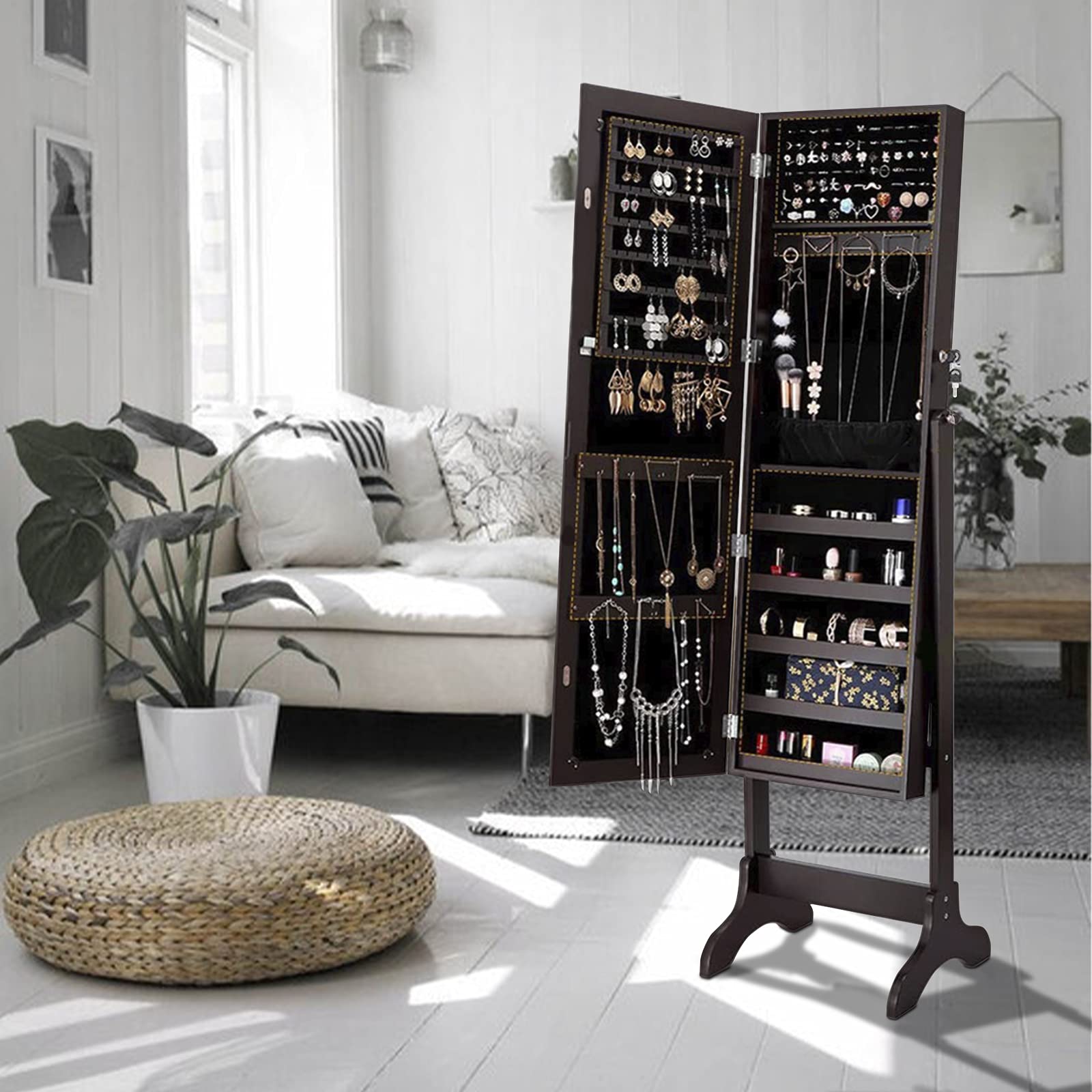 Uten Lockable Jewelry Armoire Large Jewelry Cabinet with Standing Mirror Jewelry Holder Organizer Storage, 4 Angle Adjustable(Brown)