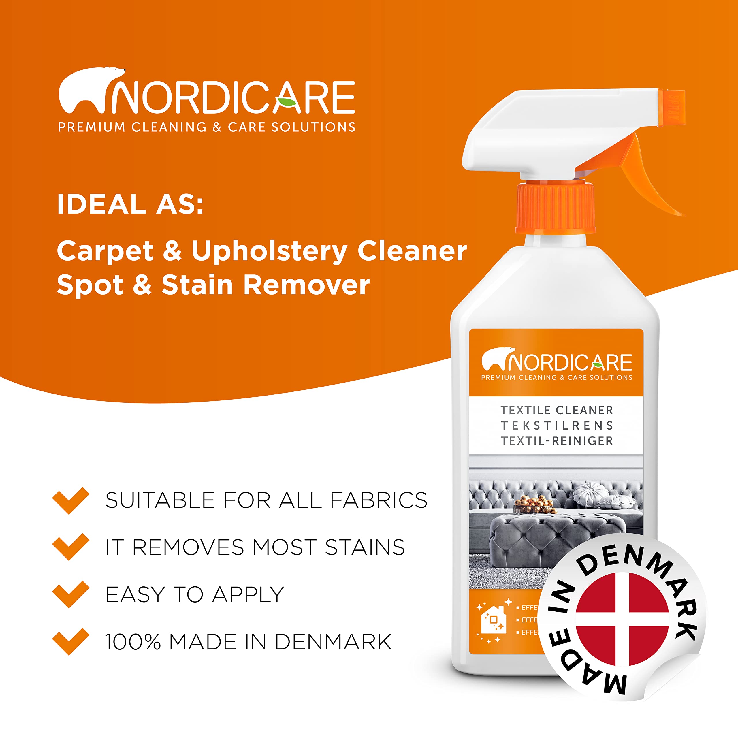 Nordicare Fabric & Carpet Stain Remover Spray 16.9 oz - Spot & Stain Remover, Upholstery Cleaner, Fabric Cleaner for all Type of Fabrics, Textiles, Carpet, Cloth, Rugs, Chairs, Sofas-Made in Denmark