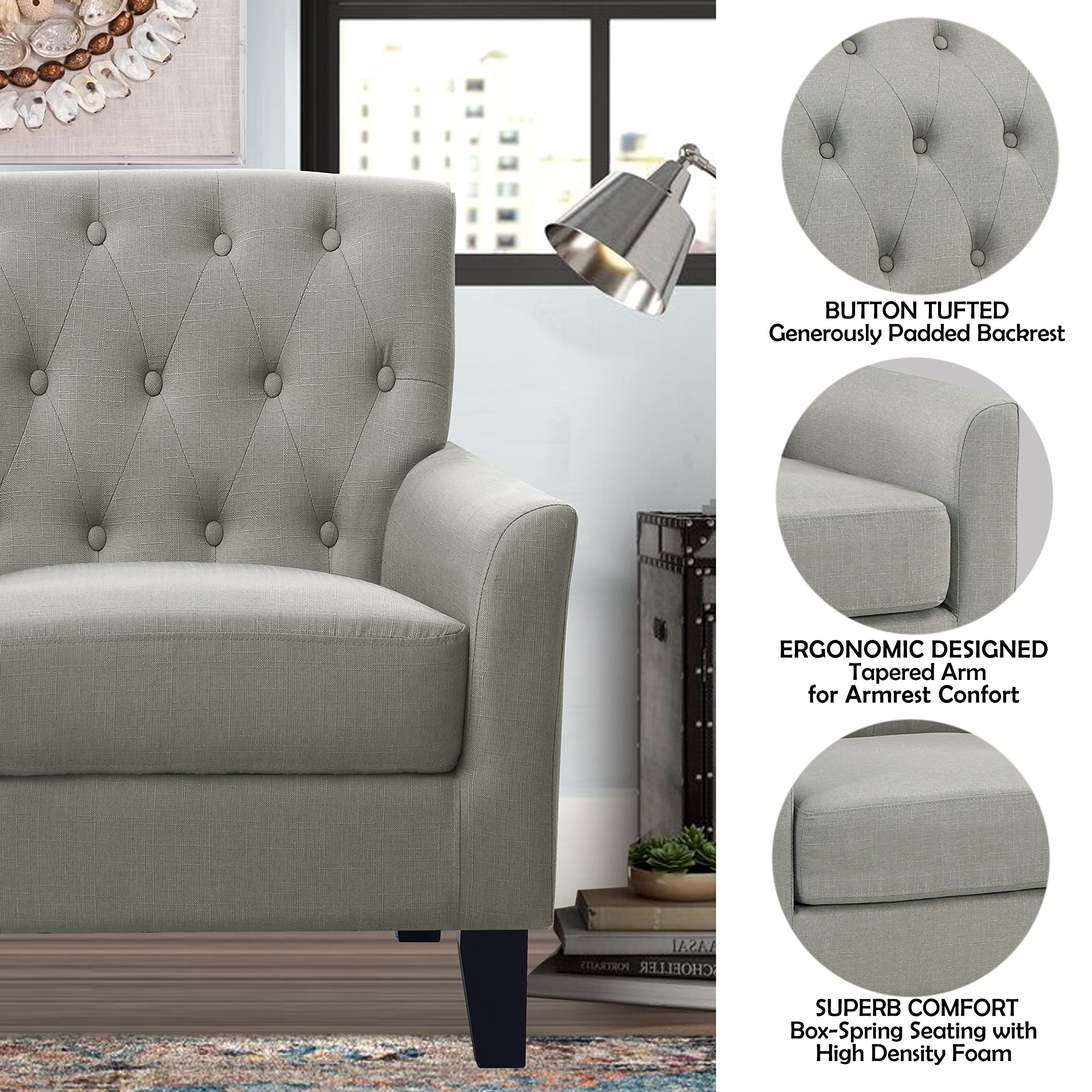 Rosevera Shevonne 30”Accent Fabric Upholstered Arm Tufted Comfy for Reading in Bedroom,Living Room, Sofa Chair,Armchair for Small Space,Wood Legs, Standard, Dove Grey