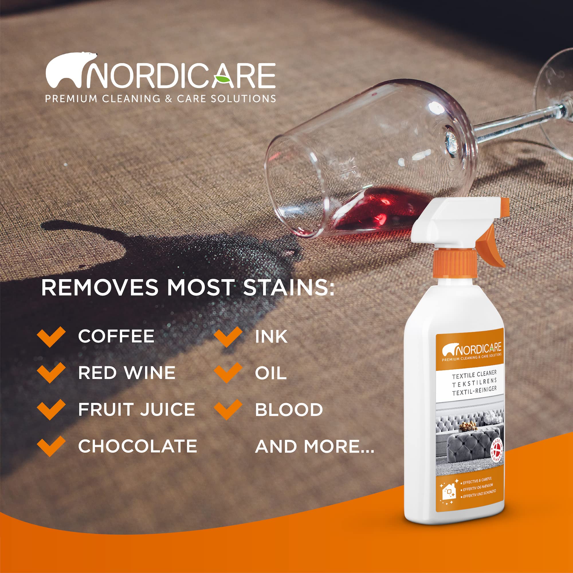 Nordicare Fabric & Carpet Stain Remover Spray 16.9 oz - Spot & Stain Remover, Upholstery Cleaner, Fabric Cleaner for all Type of Fabrics, Textiles, Carpet, Cloth, Rugs, Chairs, Sofas-Made in Denmark