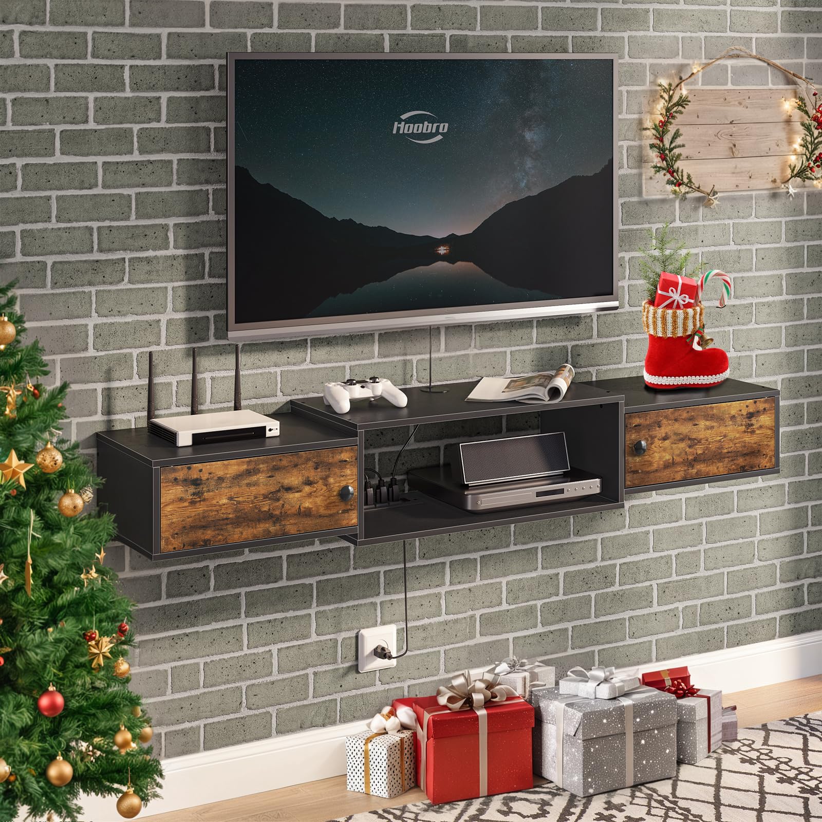 HOOBRO Floating TV Stand with Power Outlet 55", Modern Wall Mounted Media Console Shelf Cabinet for Under TV Storage, Entertainment Center, Living Room, Bedroom, Rustic Brown and Black BF11DS01