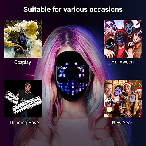 Halloween Mask LED Face Transforming Mask with Bluetooth Programmable for Halloween Masquerade Costumes Cosplay Party Light Up Mask for Adult Men Women, APP or Gesture Control, Rechargeable