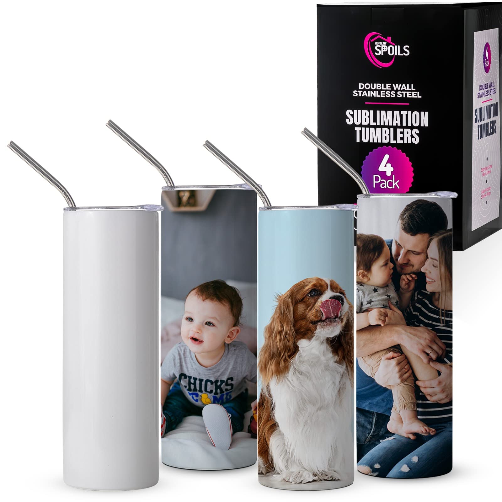 HOME OF SPOILS 4 Pack:Sublimation Tumblers 20 Oz Skinny | Sublimation Cups Tumbler with Lids, Tape, and Straws | Blank Tumblers For Sublimation | Sublimation Tumblers 20 oz Skinny Bulk - Leak Proof