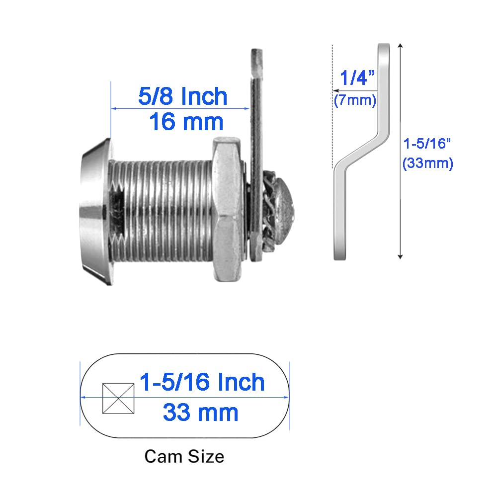 WOOCH Cabinet Cam Lock, 5/8 Inch Keyed Alike Cam Locks Secure File Drawer Door Mailbox Tool Box Dresser RV Cylinder Replacement Lock Hardware, Fits on 1/2" Max Panel Thickness (2 Pack) Chrome Finish