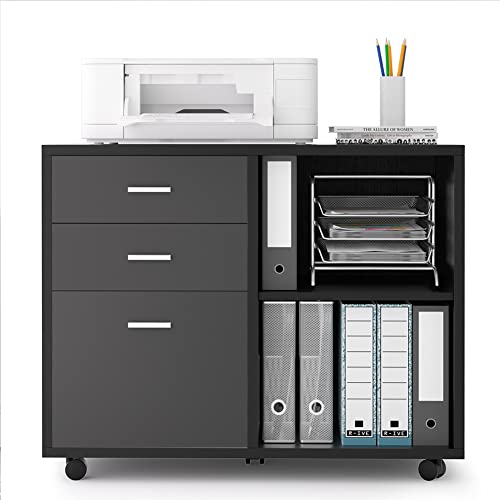WILLIAMSPACE 3-Drawer Wood File Cabinet, Mobile Lateral Filing Cabinet on Wheels for Printer Stand with Open Storage Shelves for Home Office (Black Oak + Dark Grey)