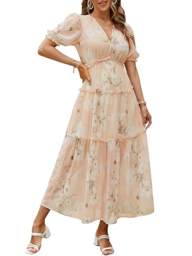 Amegoya Women's Beach Maxi Dress Summer Short Sleeve Lace Ruffle V Neck Long Dress Floral Print A Line Dress(M Pink)