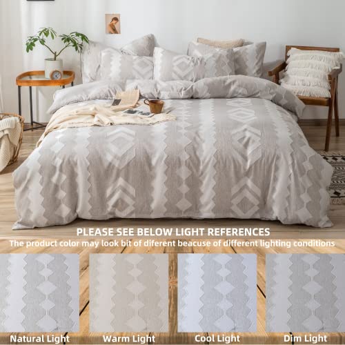PERFEMET 3-Pieces Boho Tufted Shabby Comforter Set King Size Farmhouse Country Style Geometric Bedding Set for Girls Adult Embroidery Jacquard Ultra Soft Neutral Quilt/Bedspread Set (Light-Gray,King)