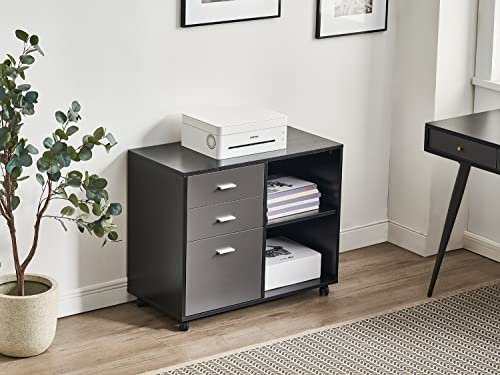 WILLIAMSPACE 3-Drawer Wood File Cabinet, Mobile Lateral Filing Cabinet on Wheels for Printer Stand with Open Storage Shelves for Home Office (Black Oak + Dark Grey)