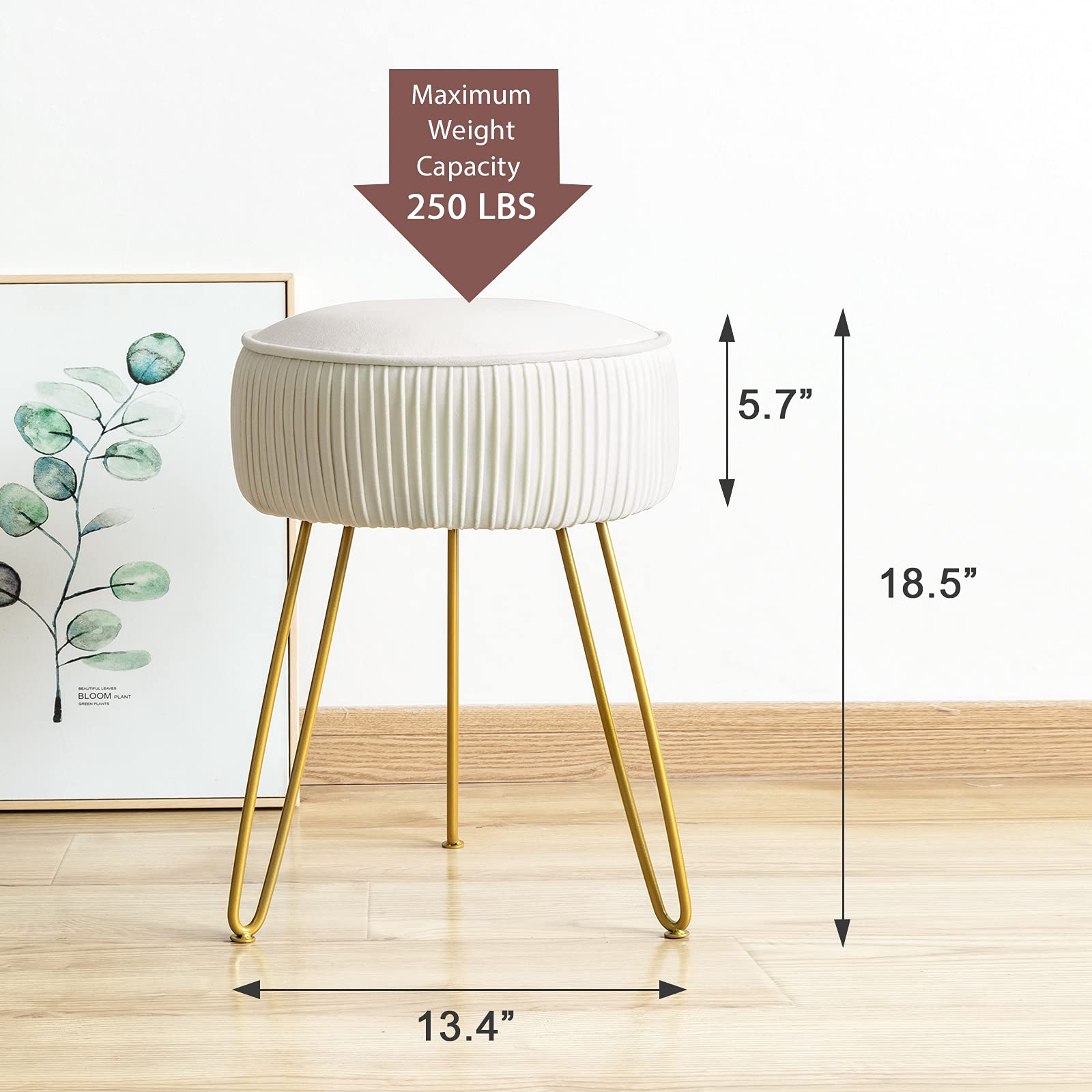 LUE BONA Pleated Vanity Stool, Velvet Upholstered Vanity Stool for Makeup Room, Round Mondern Stool for Vanity, Ottoman Footrest Stool with Metal Legs for Living Room, Bedroom, Beige