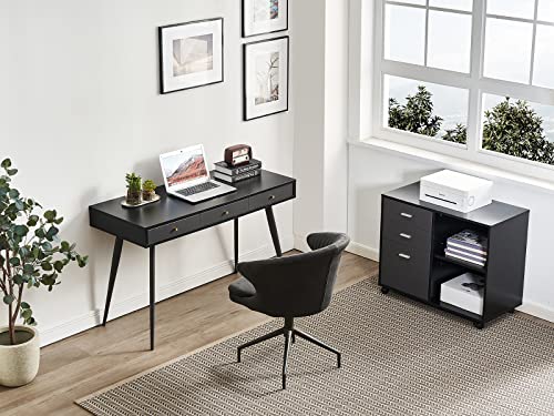 WILLIAMSPACE 3-Drawer Wood File Cabinet, Mobile Lateral Filing Cabinet on Wheels for Printer Stand with Open Storage Shelves for Home Office (Black Oak + Dark Grey)