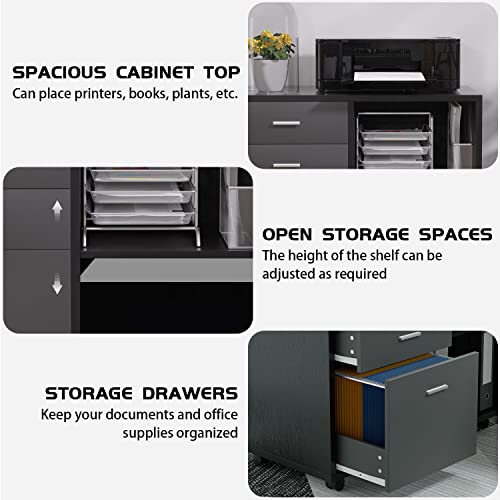 WILLIAMSPACE 3-Drawer Wood File Cabinet, Mobile Lateral Filing Cabinet on Wheels for Printer Stand with Open Storage Shelves for Home Office (Black Oak + Dark Grey)