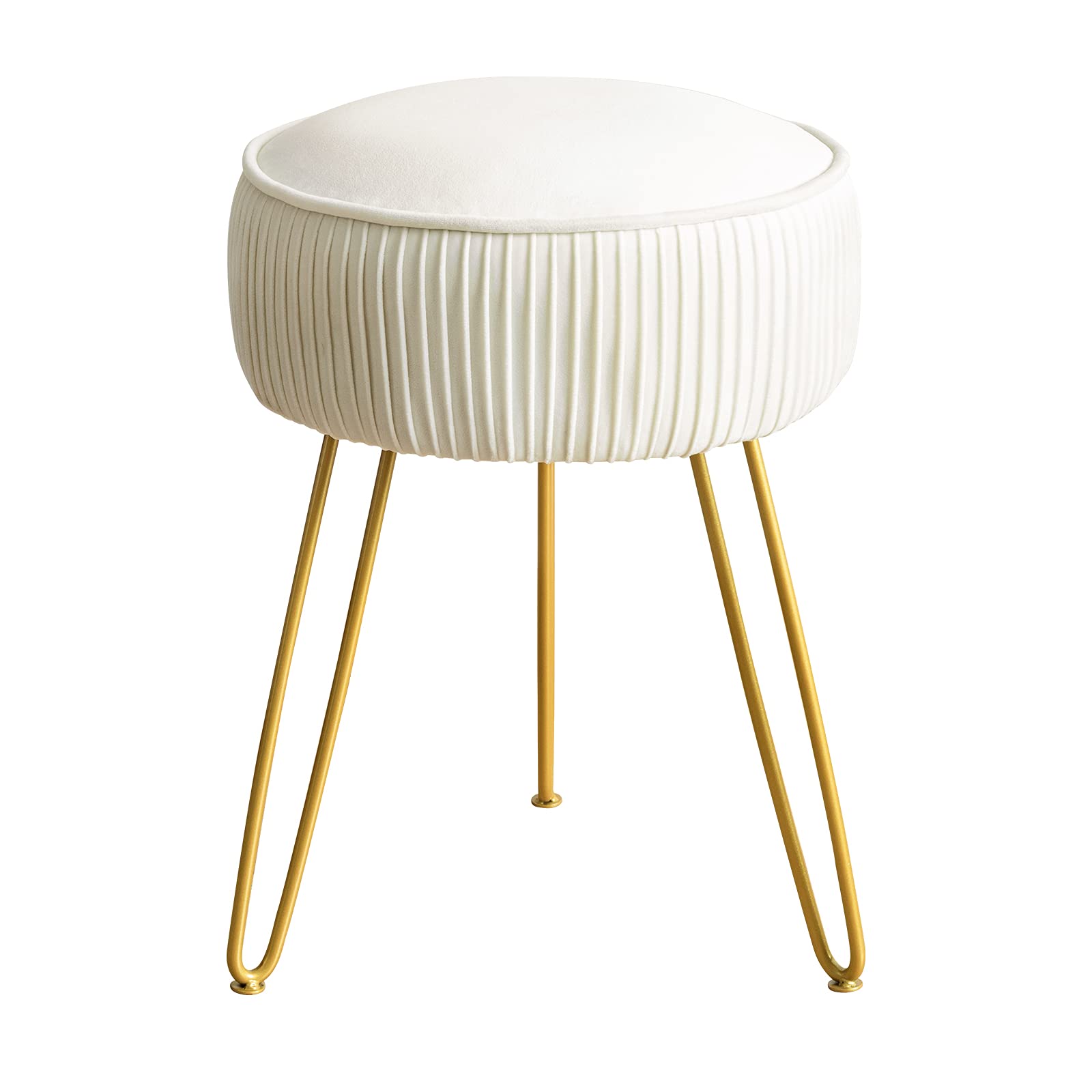LUE BONA Pleated Vanity Stool, Velvet Upholstered Vanity Stool for Makeup Room, Round Mondern Stool for Vanity, Ottoman Footrest Stool with Metal Legs for Living Room, Bedroom, Beige