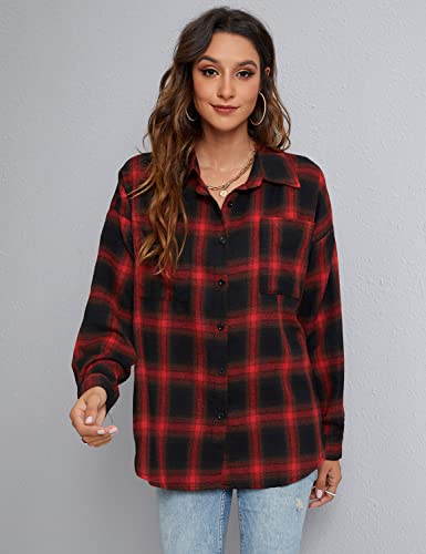 BMJL Women's Button Down Plaid Shirts Oversized Flannel Shacket Collared Casual Top Long Sleeve Blouses(L,Plaid)