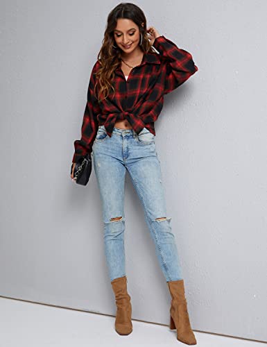 BMJL Women's Button Down Plaid Shirts Oversized Flannel Shacket Collared Casual Top Long Sleeve Blouses(L,Plaid)