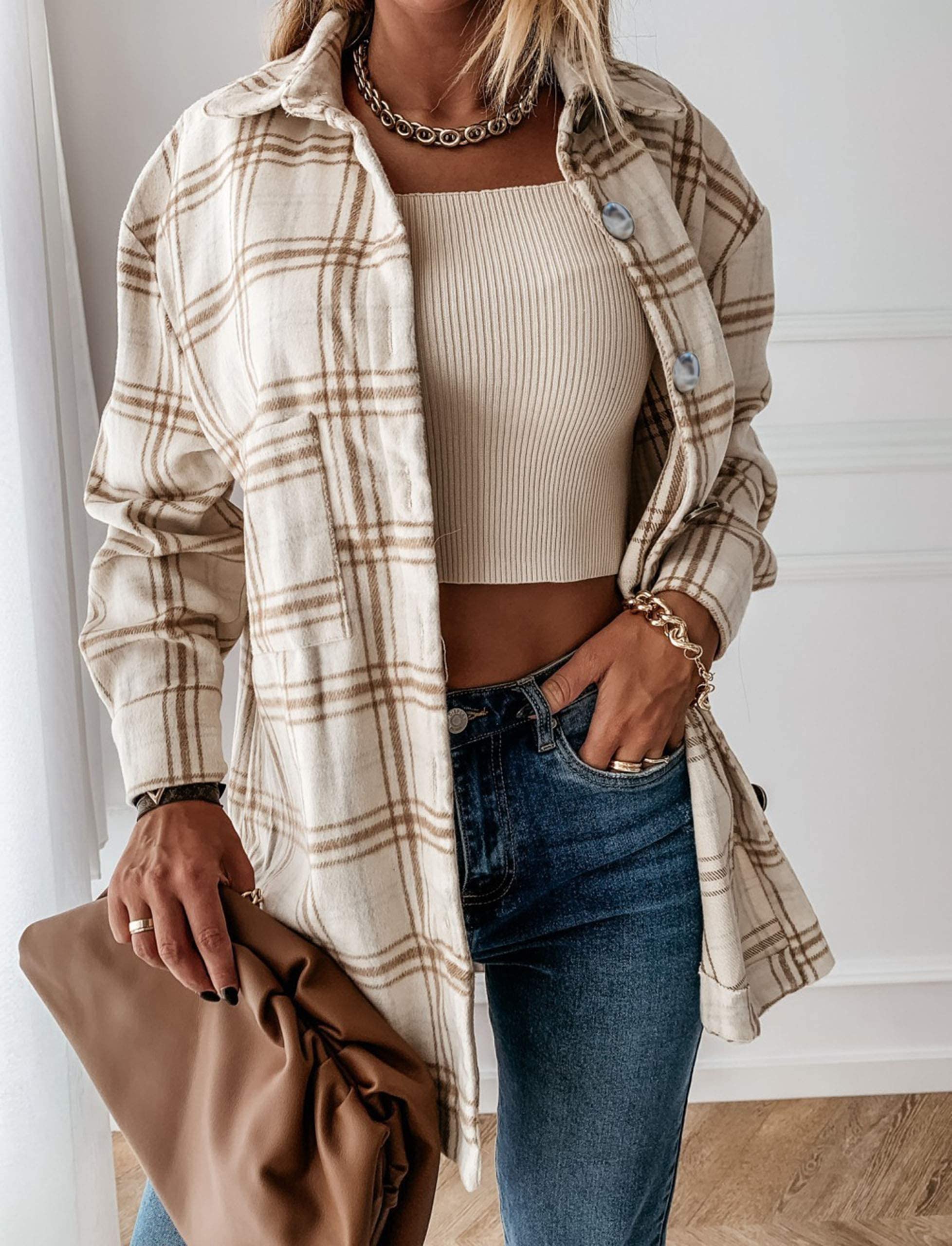 MISSACTIVER Women’s Flannel Plaid Shirts Oversized Long Sleeve Collared Boyfriend Plaid Blouse Shacket Top (Medium, Off-White)