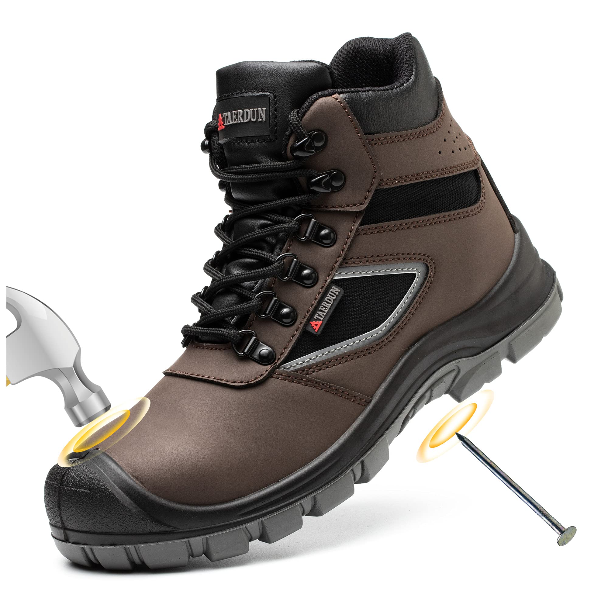 TAERDUN Steel Toe Boots for Men Waterproof Work Safety Shoes Non-slip Breathable Comfort Lightweight, Industrial & Construction Shoes, Indestructible Welding Boots, Brown, 10 Wide