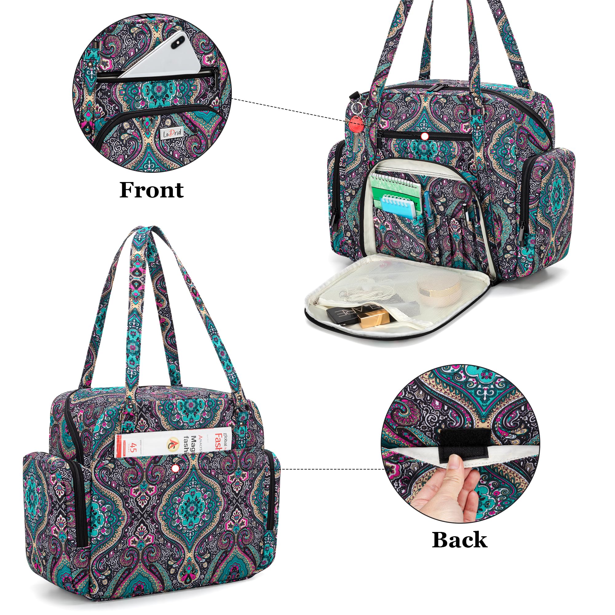 LoDrid Teacher Tote Bag with Padded Bottom, Teacher Utility Bag for Work, Large Women Work Tote Bag with Zip-Top Closure, 15.6" Laptop Layer, Multi-pockets for Teacher Supplies, Totem, Bag Only